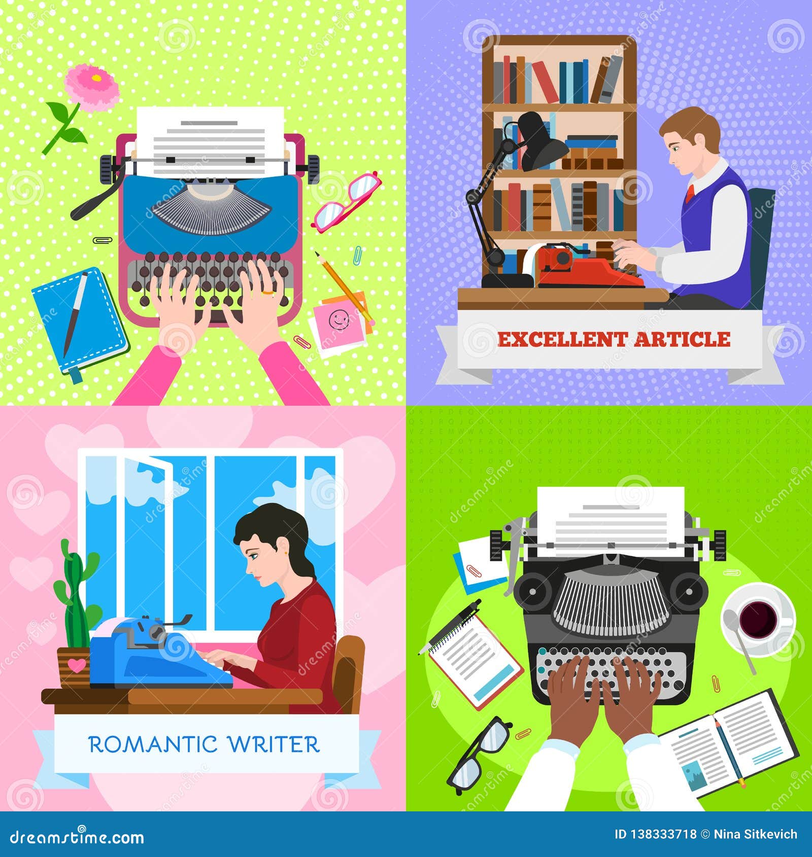 Typewriter Work Banner Set, Flat Style Stock Vector - Illustration of ...