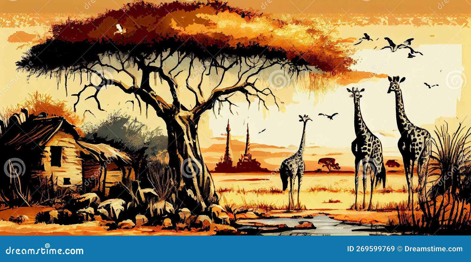 Typical African Huts And Red Sunset In Savanna.Generative Al ...