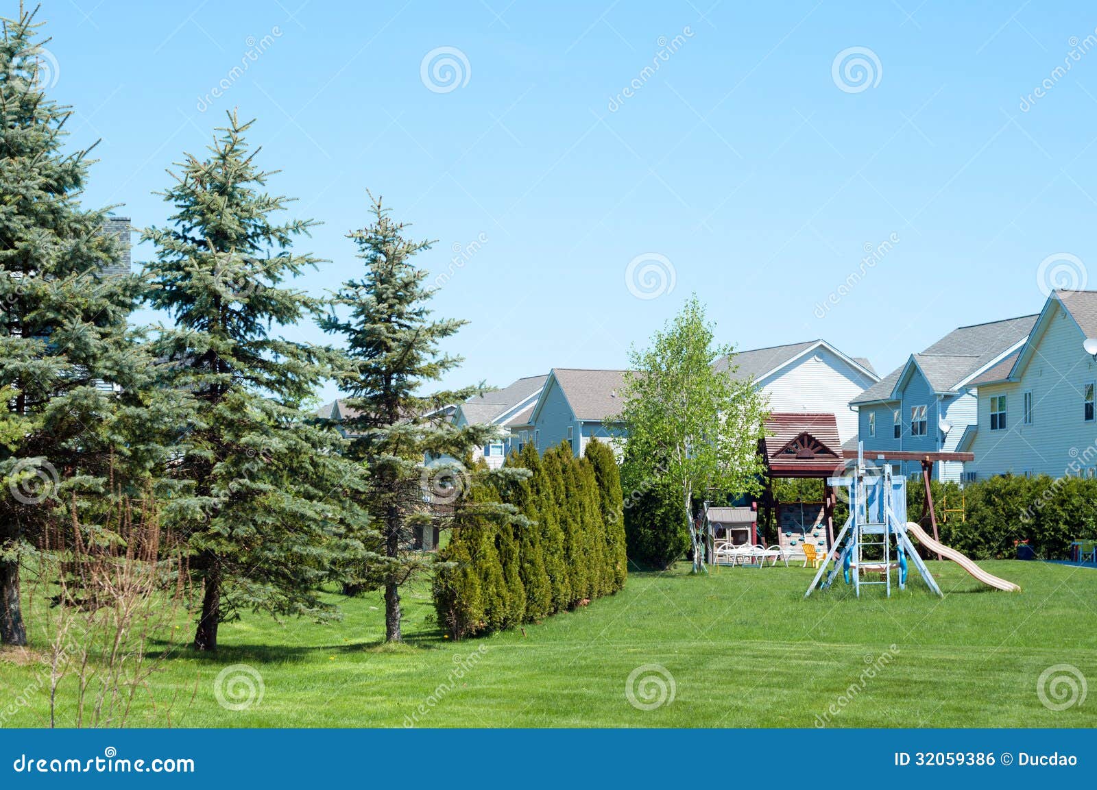 A Typical American Backyard with Child Playground Stock Photo - Image ...