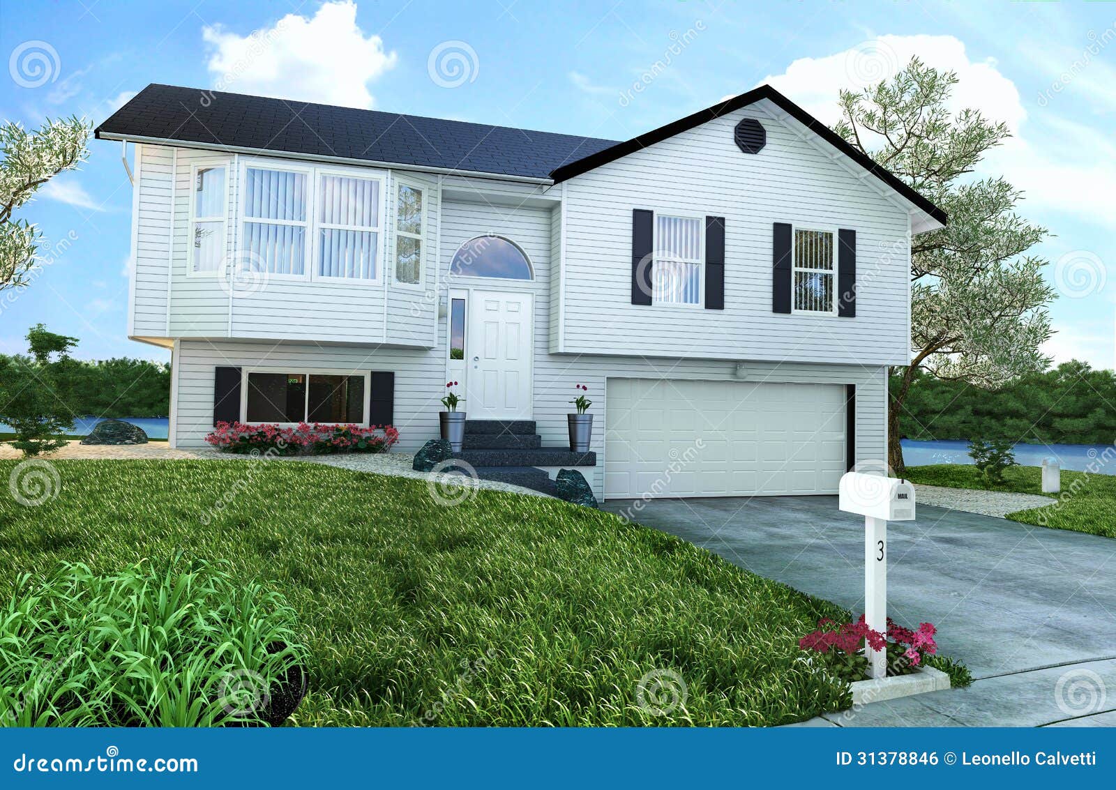 Typical American Wooden House with Garden, Trees and a River Stock ...