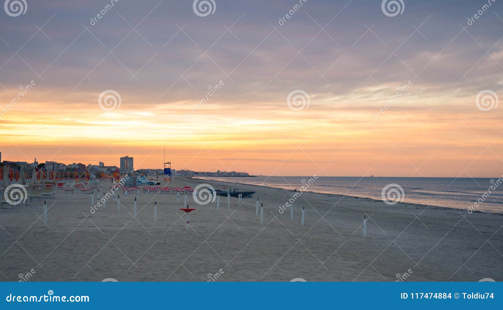 Typical Beach of the Romagna Riviera at Sunset. Stock Photo - Image of ...