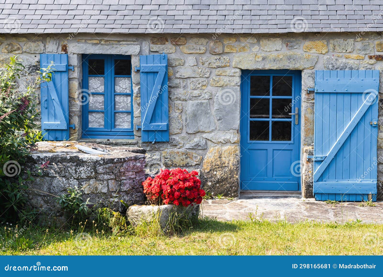 Typical Breton Stone Cottage with Blue Doors and Window Frames Stock ...