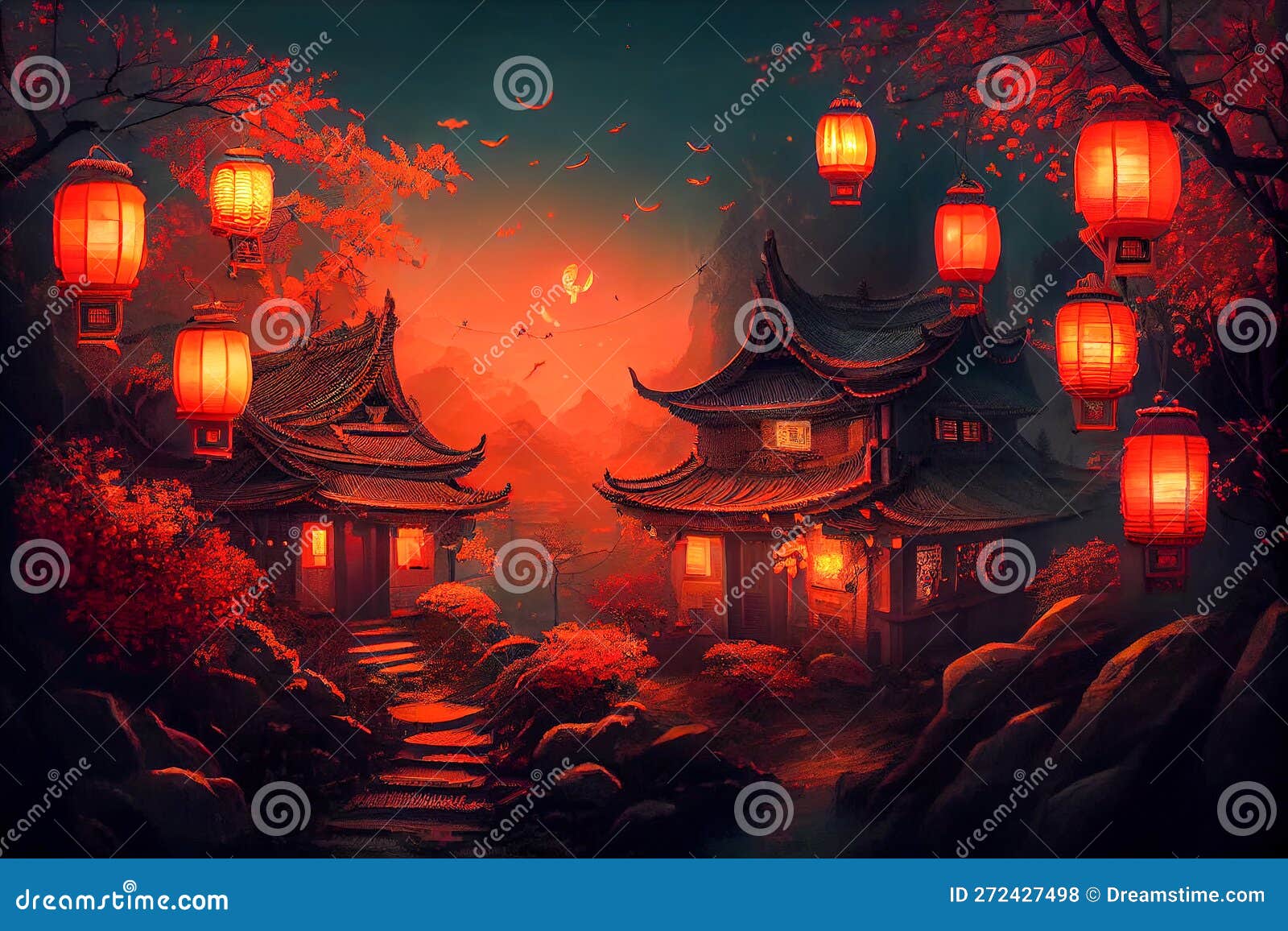 Typical Chinese Old House with Chinese Lanterns at Night. Generative AI ...