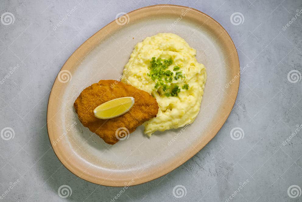 Typical Czech Cuisine Chicken Cutlet with Mashed Potatoes Stock Photo ...