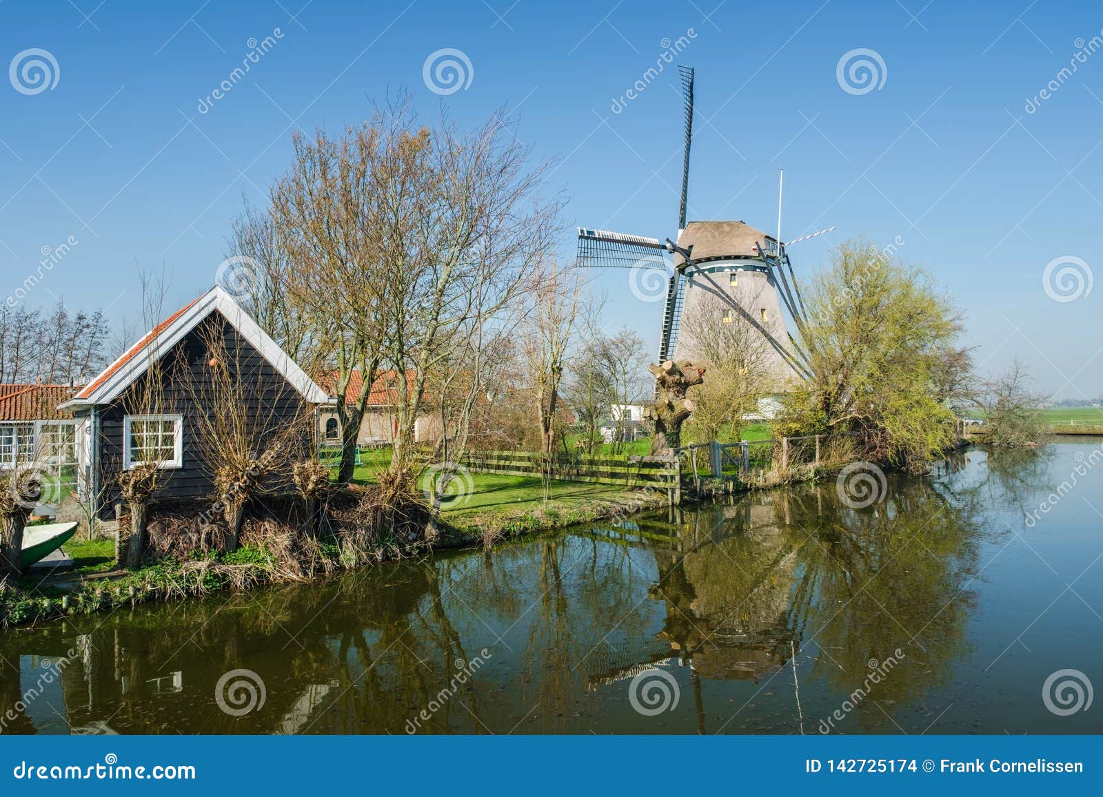 Typical Dutch Rural Scene with Farm and Windmill and Reflection in the ...