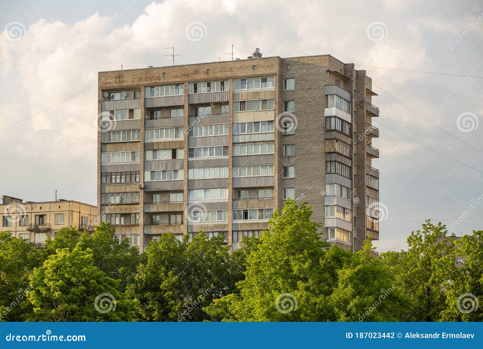 Typical Facade of an Old Brick Nine-story Building in the Post-Soviet ...