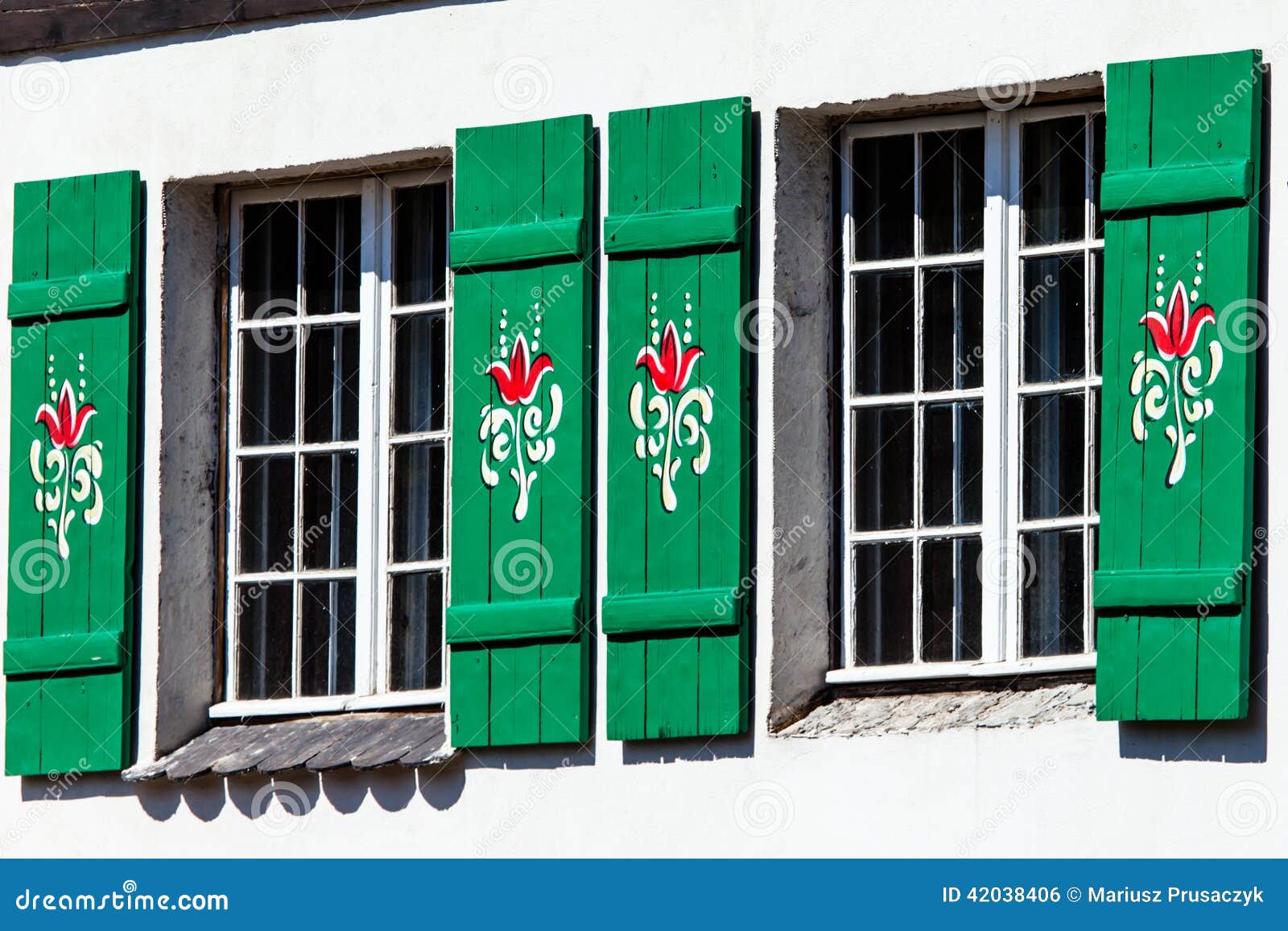 Typical Germany Windows with Green Shutters and Window Box Stock Photo ...