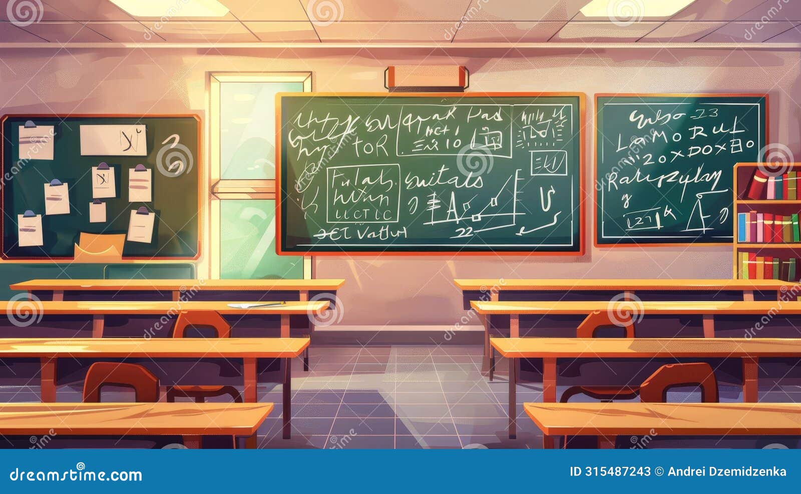 Typical Math Classroom with a Chalkboard and Formula on it. Modern ...