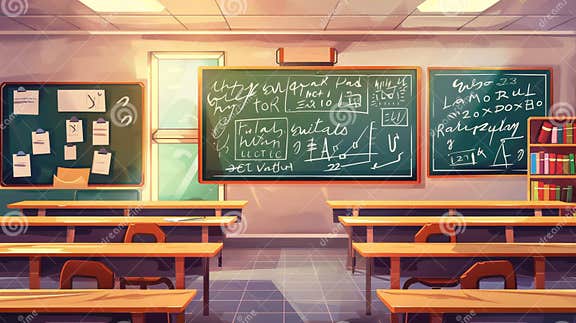 Typical Math Classroom with a Chalkboard and Formula on it. Modern ...