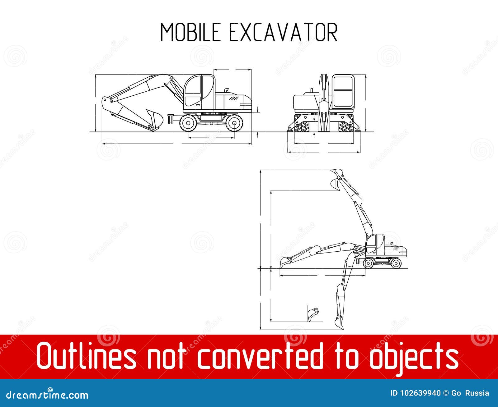Typical Mobile Excavator Overall Dimensions Outline Blueprint Template ...