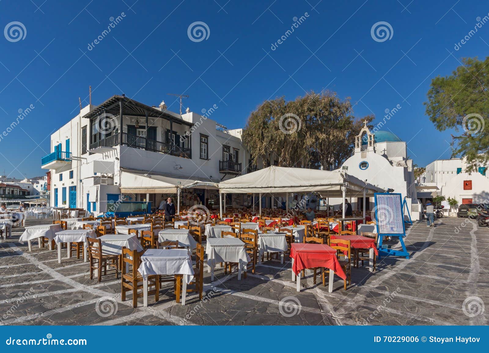Typical Restaurant and Small Square, Cyclades, Greece Editorial Photo ...