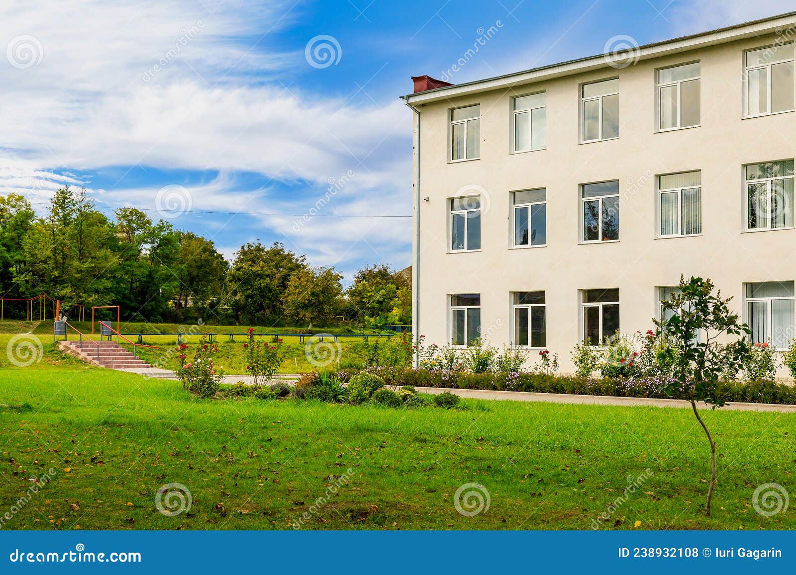 Typical School Building or Educational Institution. Background with ...