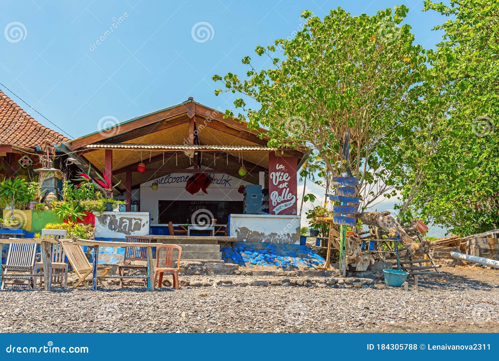 Typical Small Cafe on Black Sand Beach on Bali Editorial Stock Photo ...