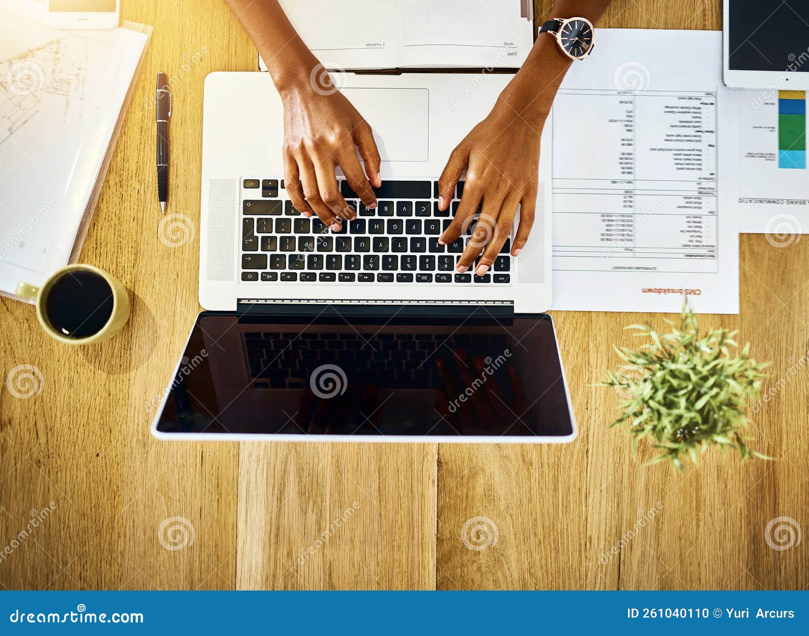 Typing the Day Away. High Angle Shot of a Unrecognizable Persons Hands ...