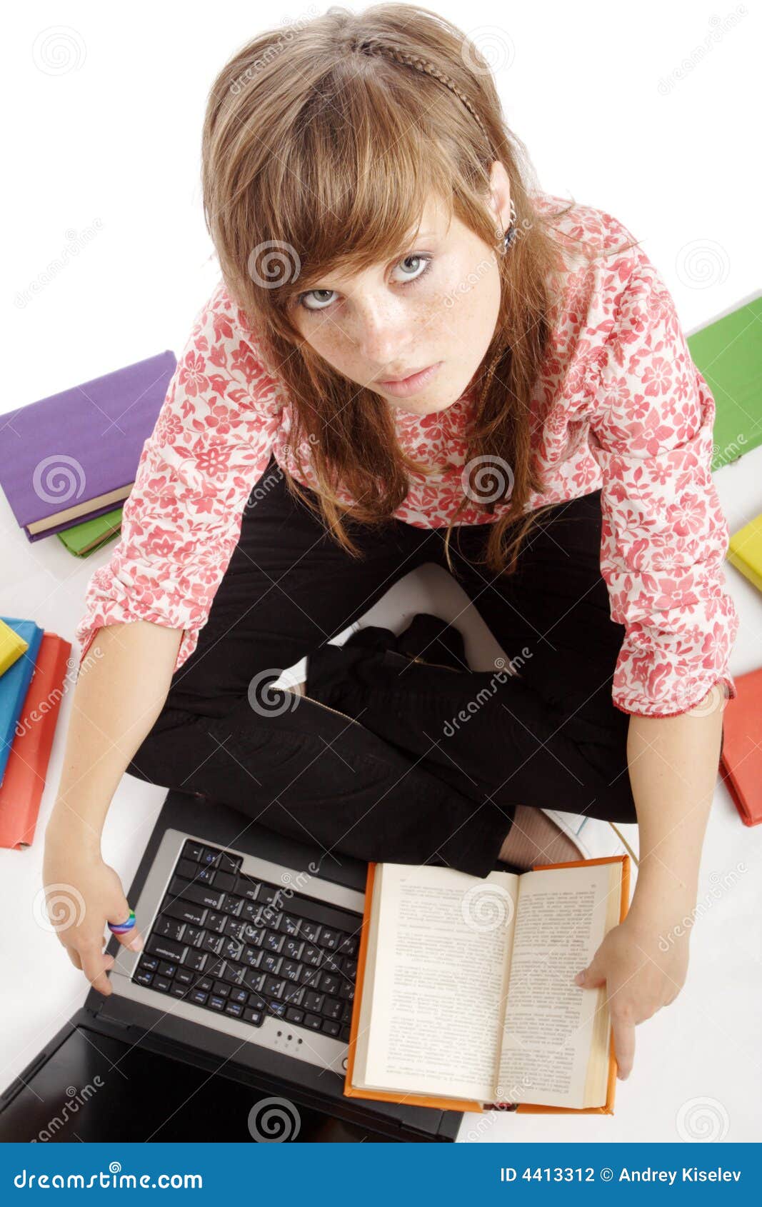 Typing girl stock photo. Image of floor, portrait, blue - 4413312