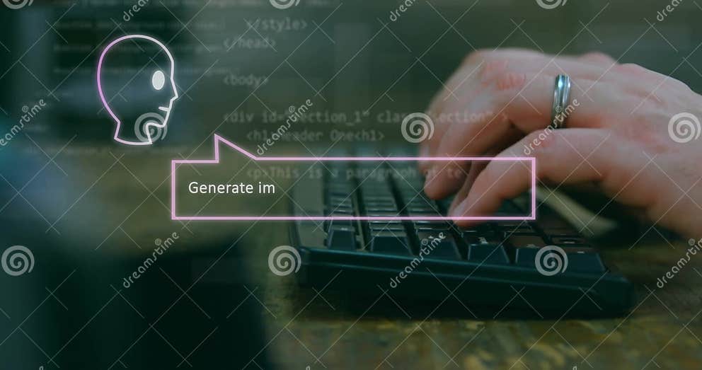 Typing on Keyboard, Person Generating AI Code with Holographic Interface Stock Image - Image of ...
