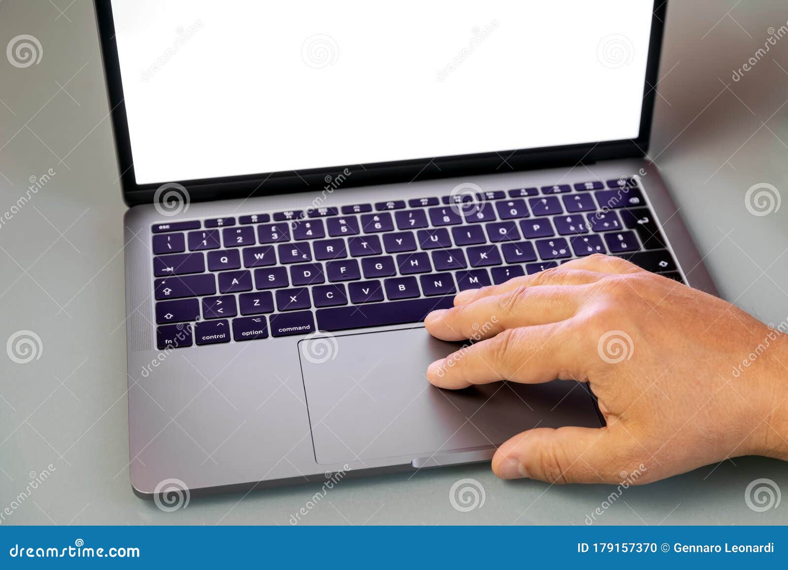 Typing on a Laptop Keyboard, White Screen - Copy Space Stock Photo ...