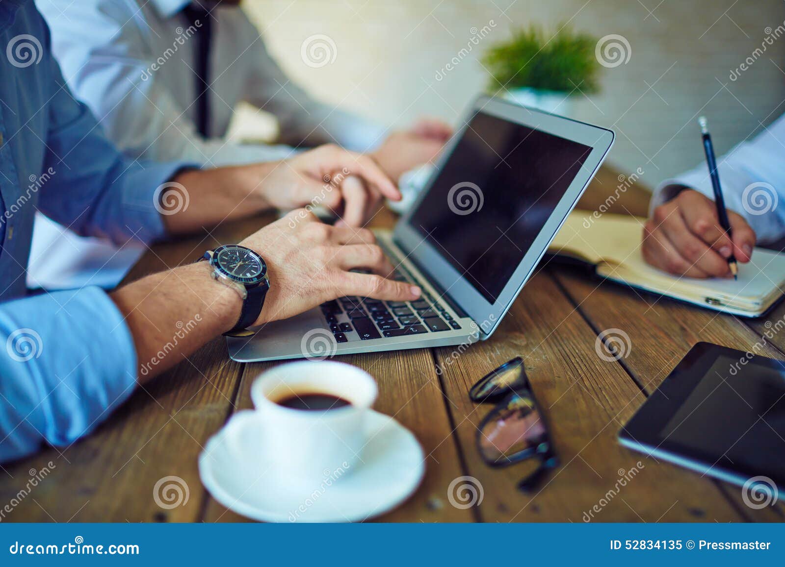 Typing at meeting stock image. Image of laptop, hand - 52834135