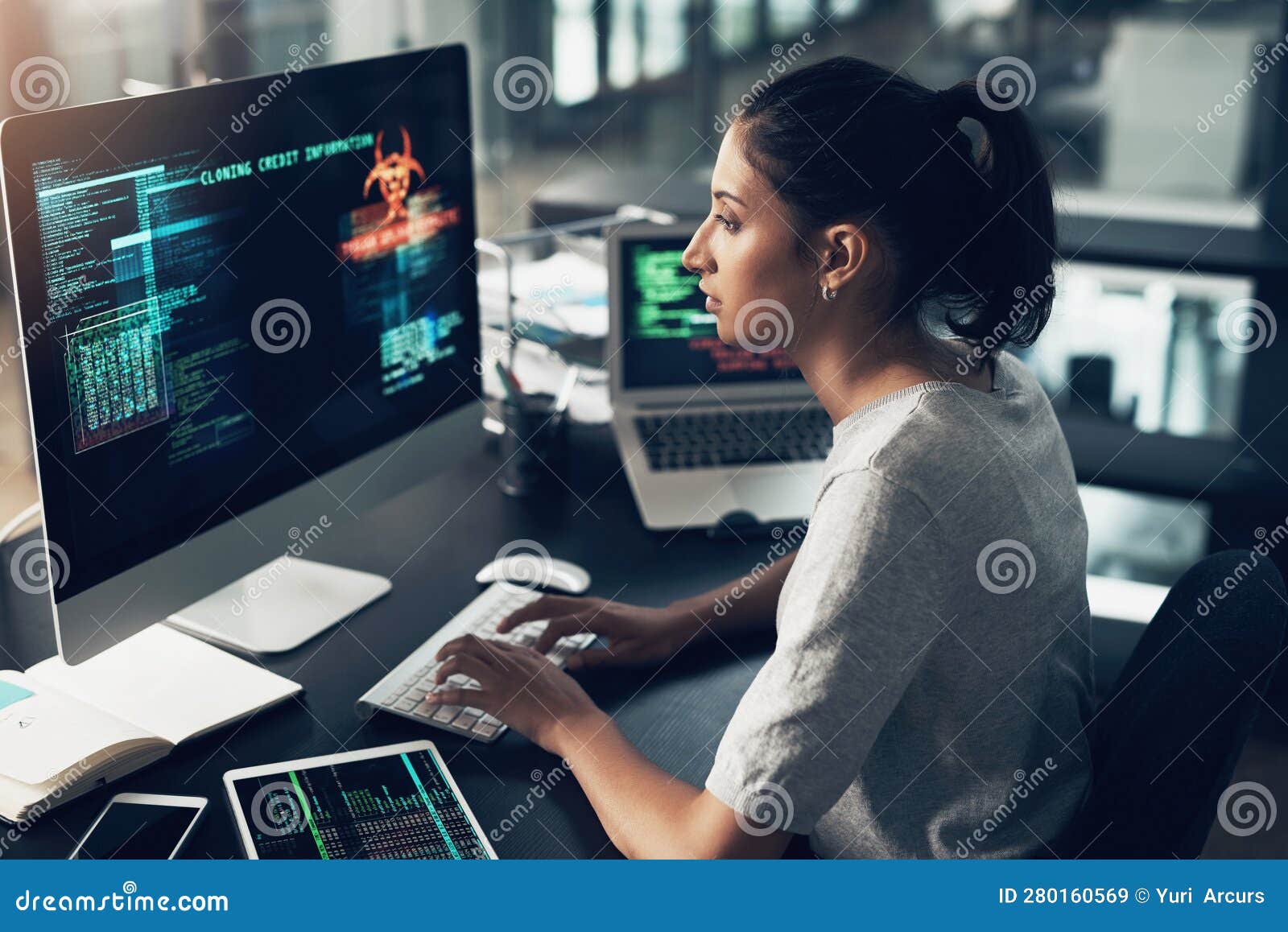 Typing Woman And Hacker Computer Programmer Or Coder Hacking Data It