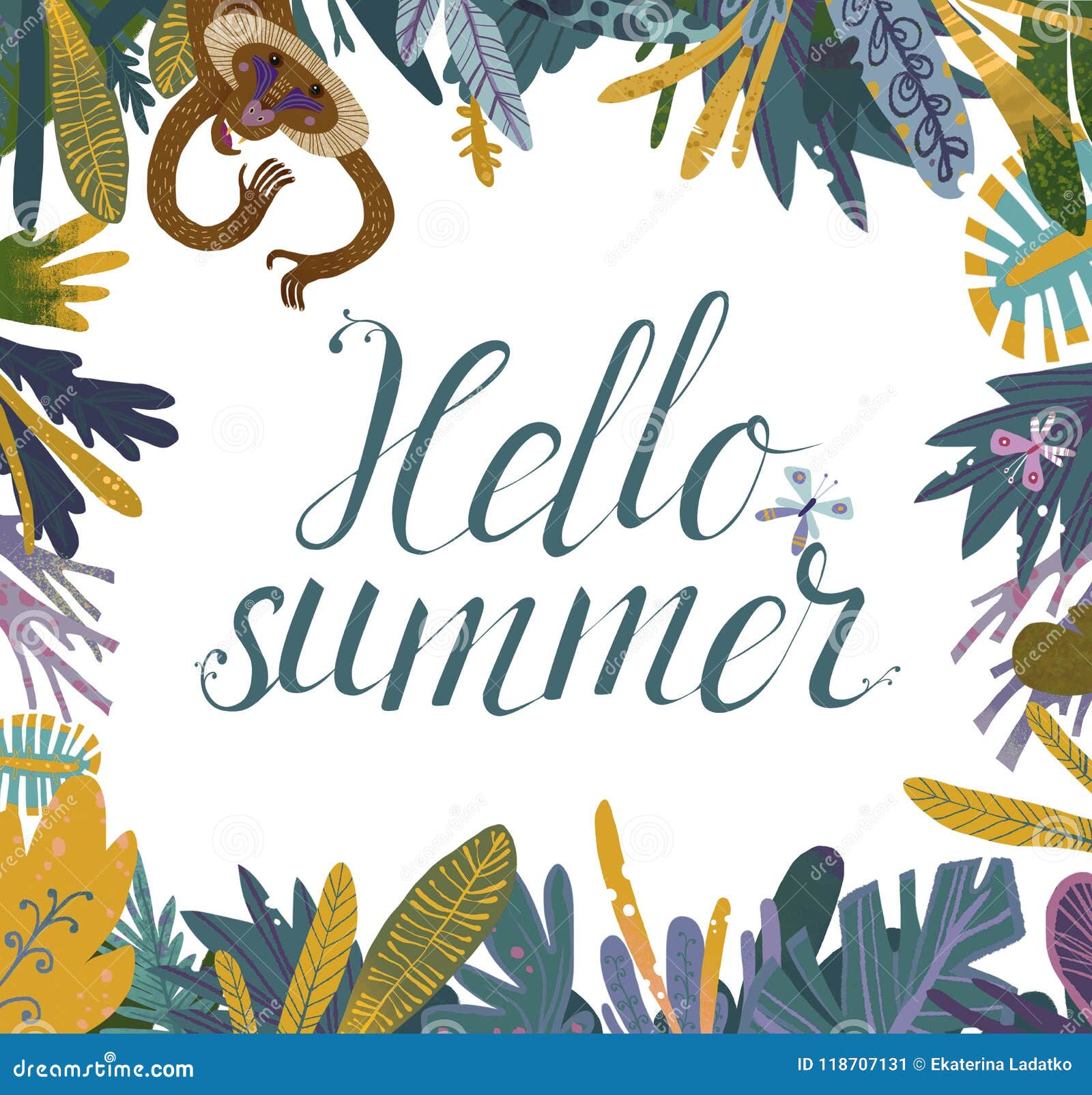 Hello summer jungle frame stock illustration. Illustration of flowes ...