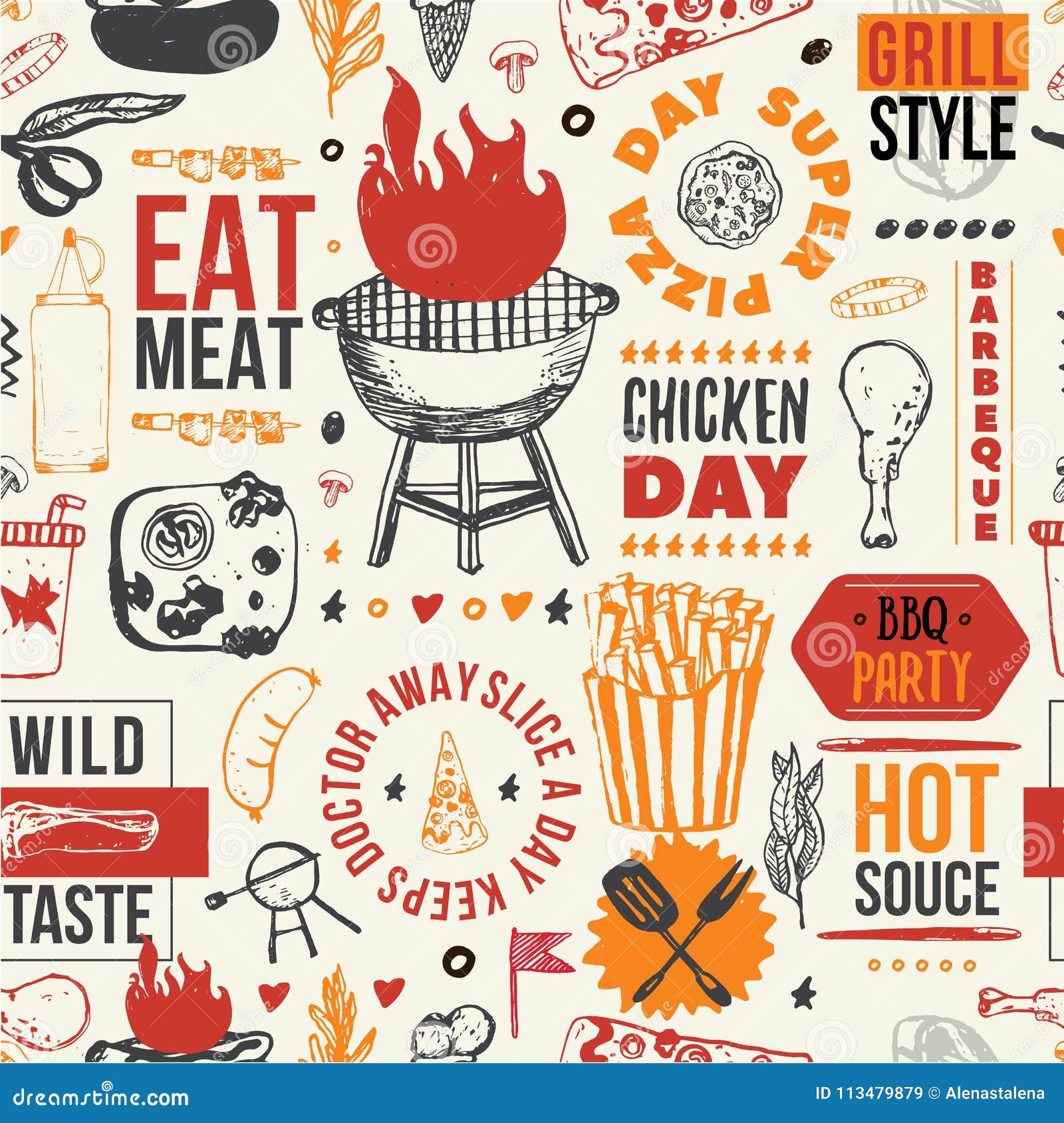Typography Barbecue Seamless Pattern. BBQ Menu Texture with Grilled ...