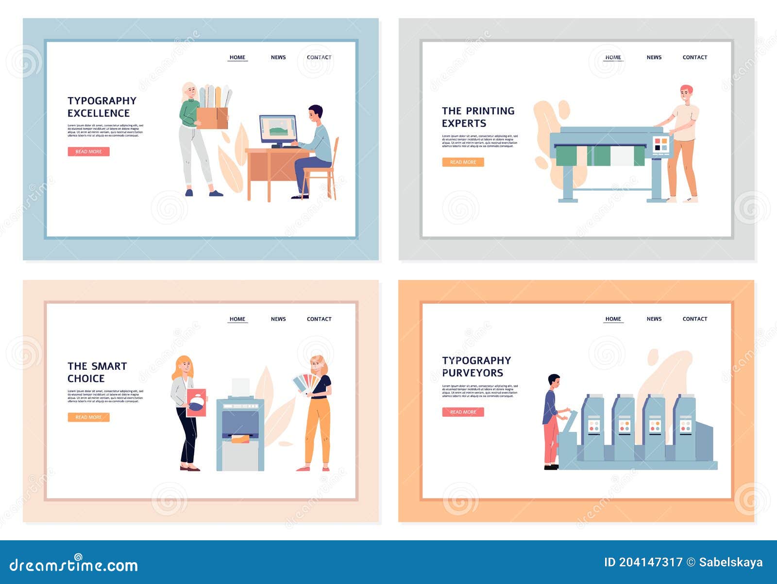 Typography and Polygraphy Service Web Banners Set Cartoon Vector ...