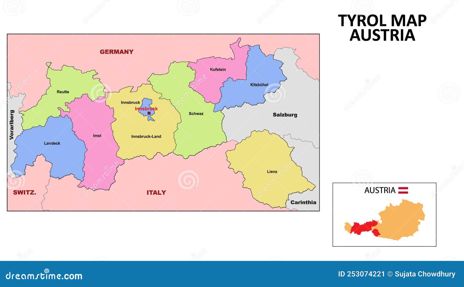 Tyrol Map. State And District Map Of Tyrol. Political Map Of Tyrol With ...
