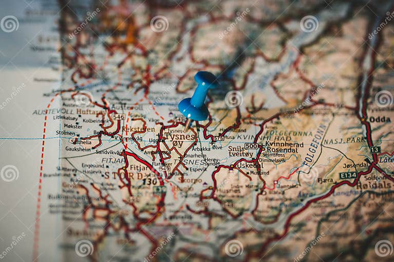 Tysnes, Norway, Blue Pinhead on Map. Stock Image - Image of islands ...