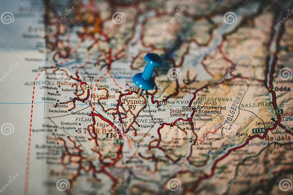 Tysnes, Norway, Blue Pinhead on Map. Stock Image - Image of islands ...