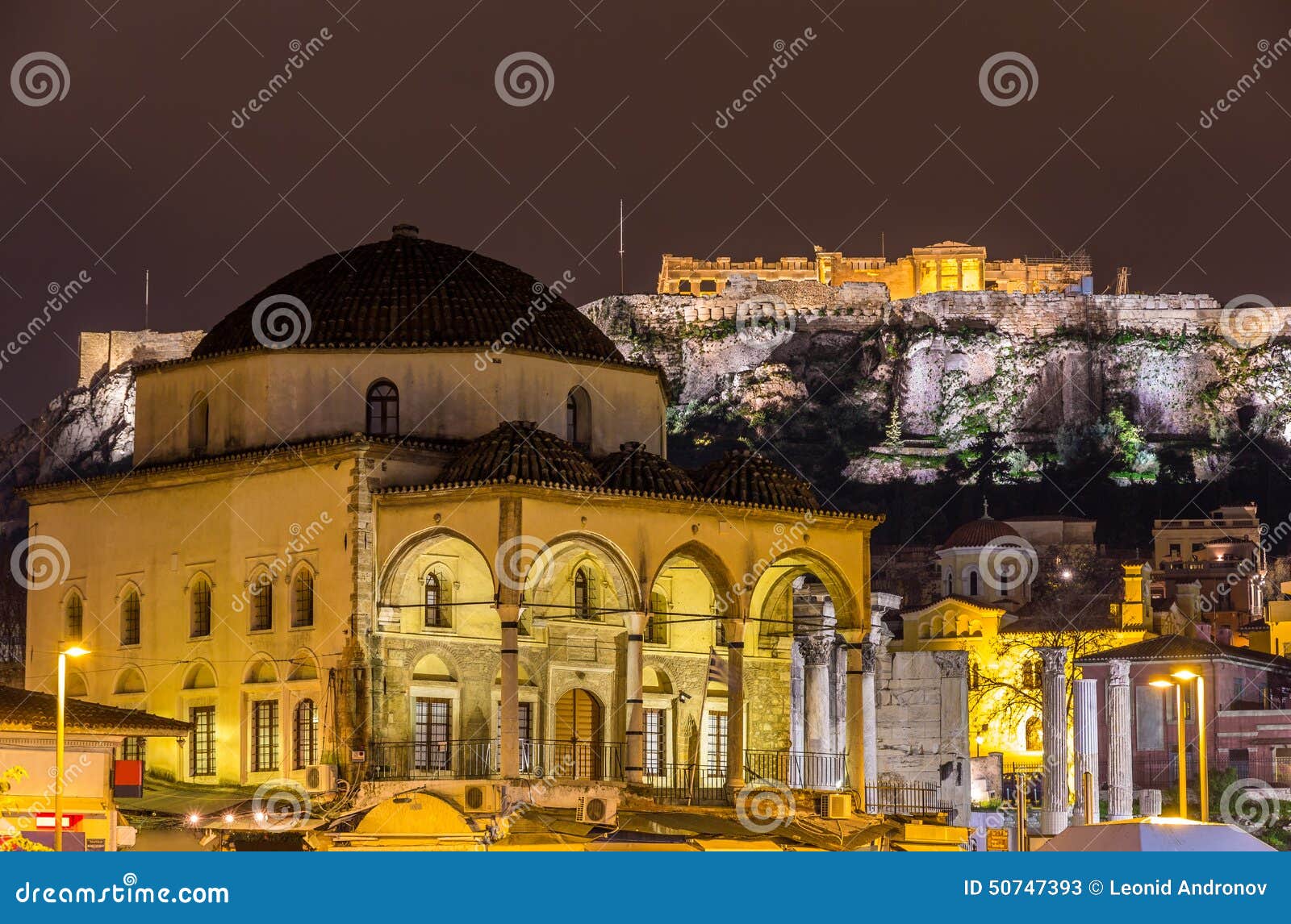 Tzistarakis Mosque and Acropolis of Athens Stock Image - Image of ...