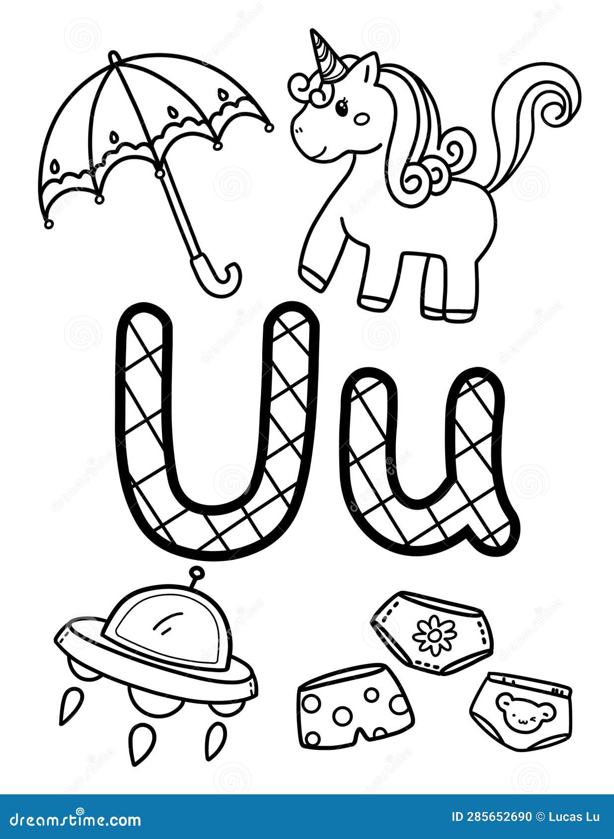 Alphabet U Coloring Page with Cute Object Like Umbrella Stock ...