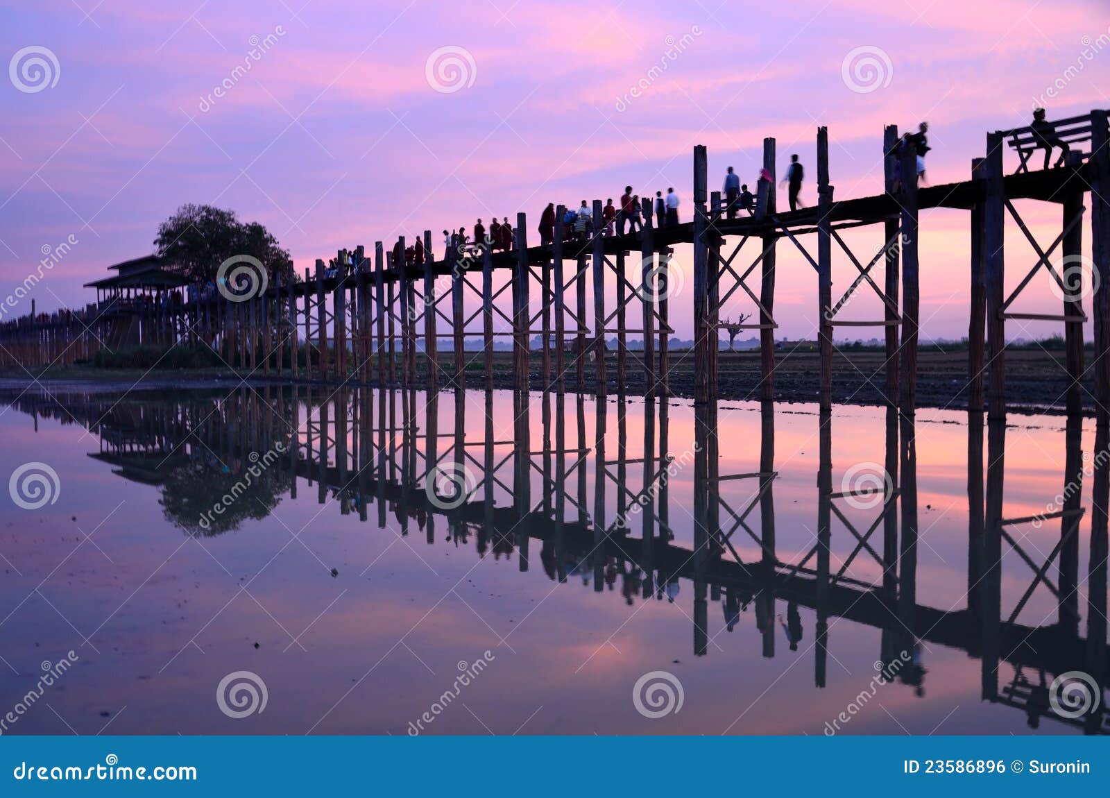 U Bein Bridge And People At Sunset Stock Photo | CartoonDealer.com ...