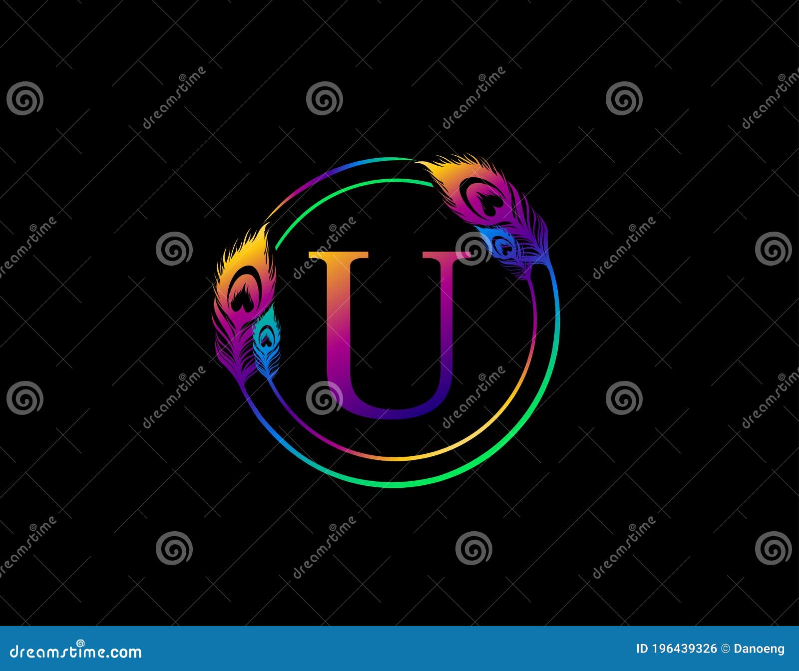 U Letter Decorated with Exotic Peacock Feather. Circle Badge with ...