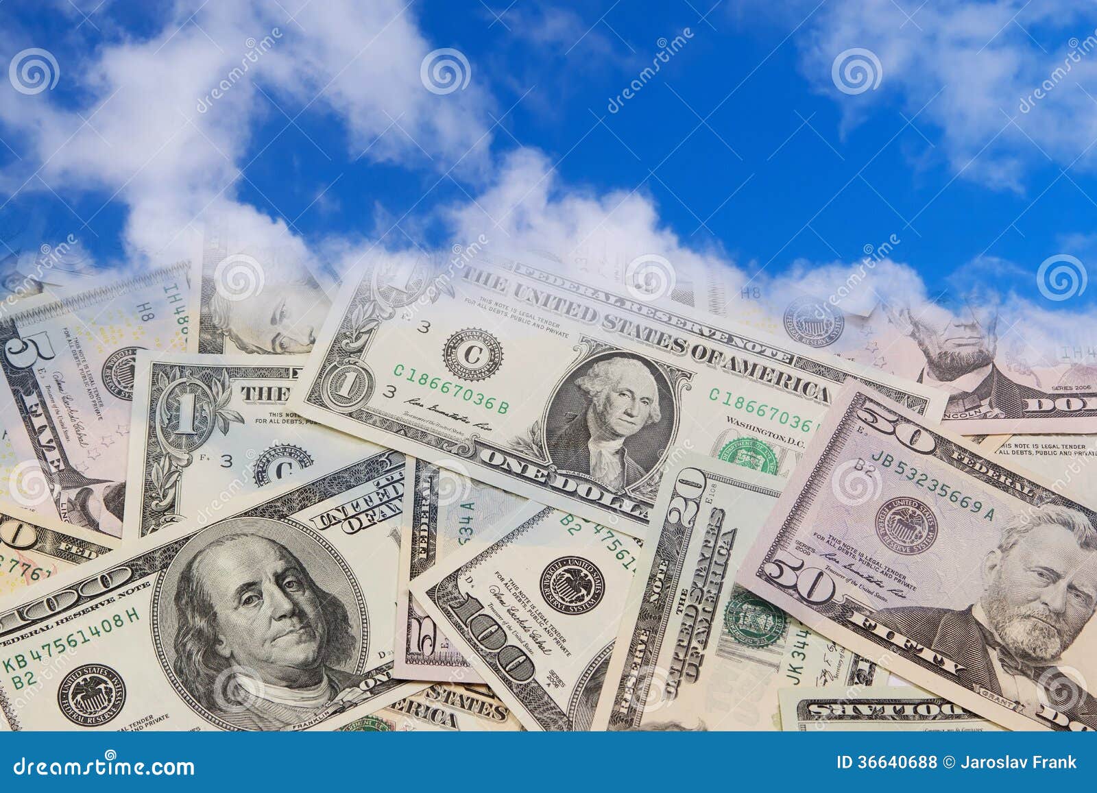 U.S. Banknotes Falling from the Blue Sky Stock Photo - Image of bills ...