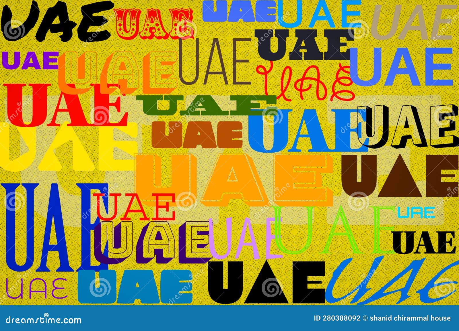Uae Country Name Lettering Cloud Typographic on Yellow Background Stock ...