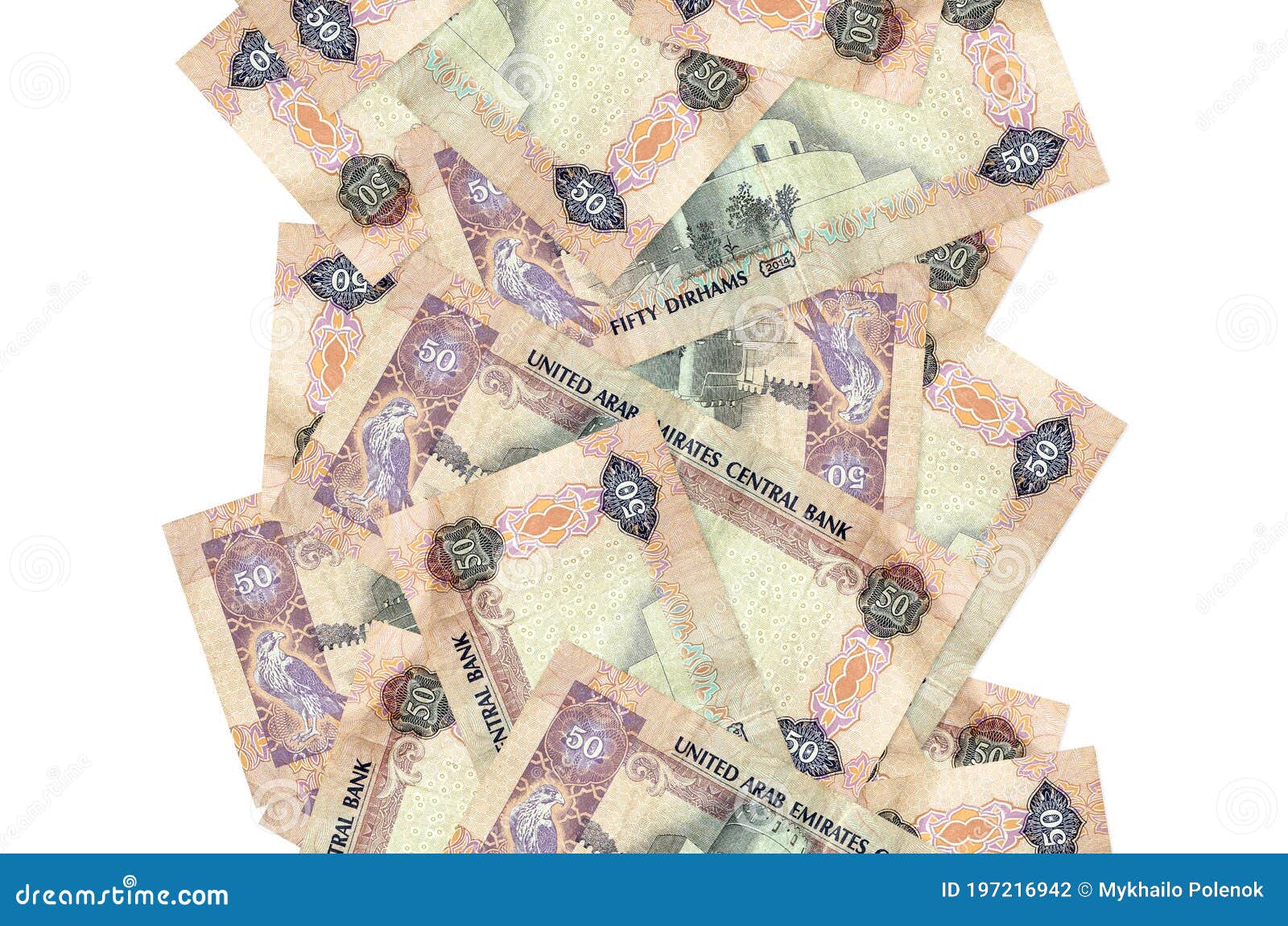 50 UAE Dirhams Bills Flying Down Isolated on White. Many Banknotes ...