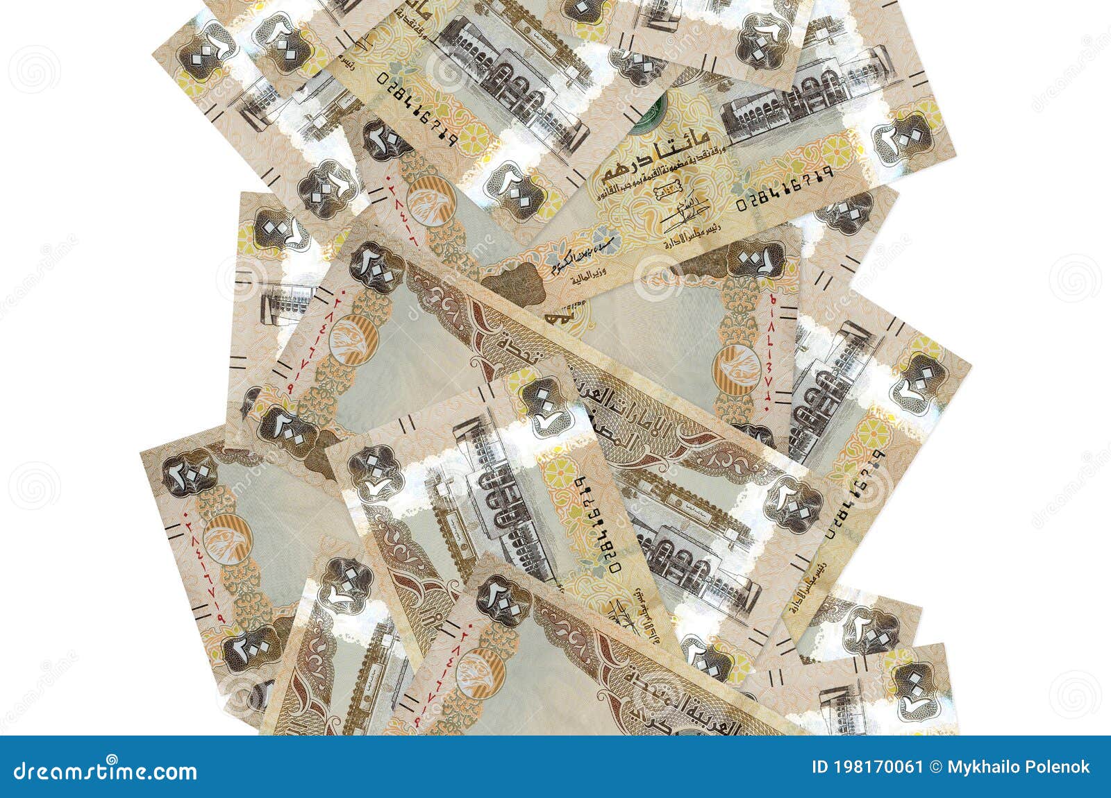 200 UAE Dirhams Bills Flying Down Isolated on White. Many Banknotes ...