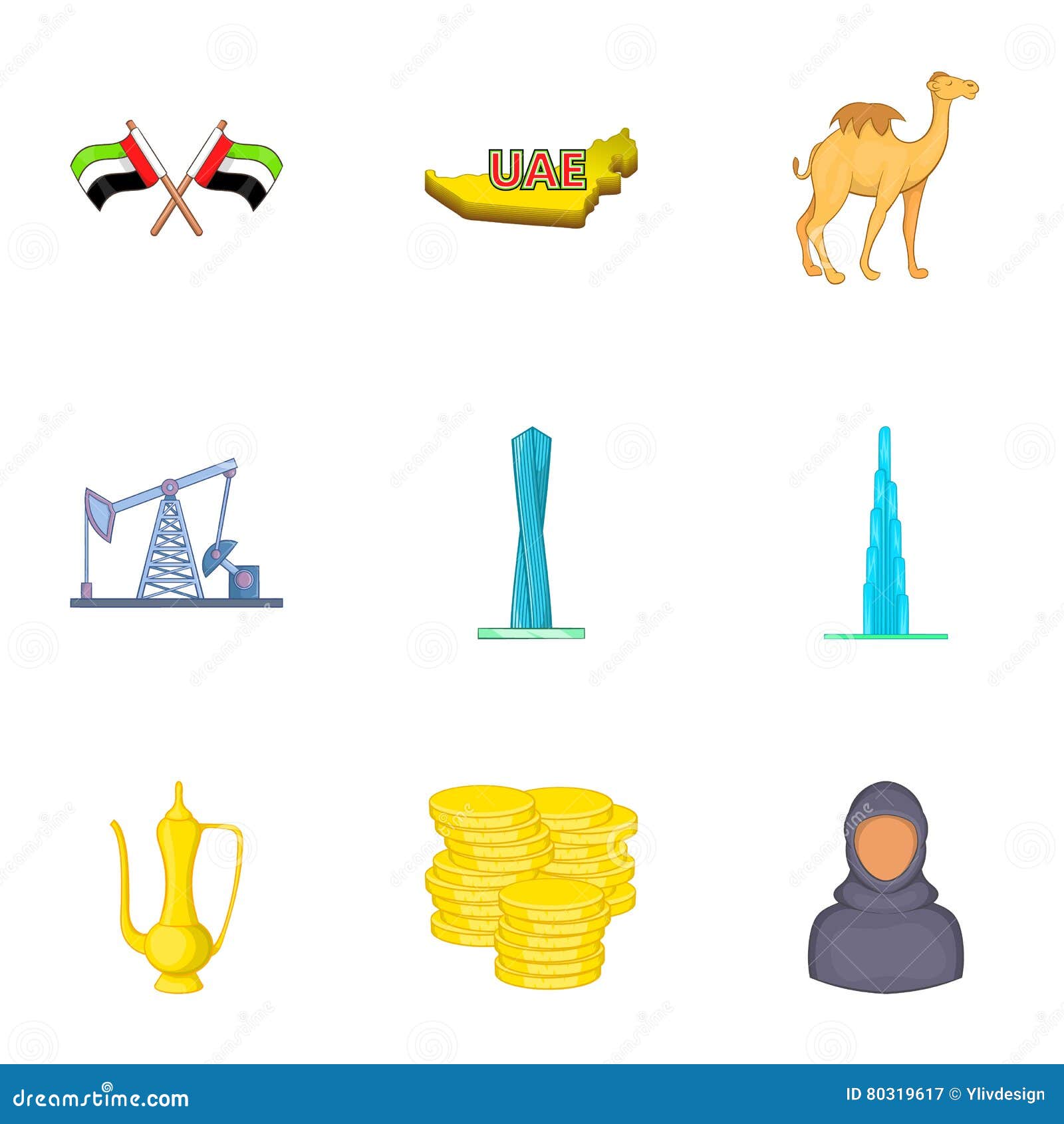UAE Icons Set, Cartoon Style Stock Vector - Illustration of east ...