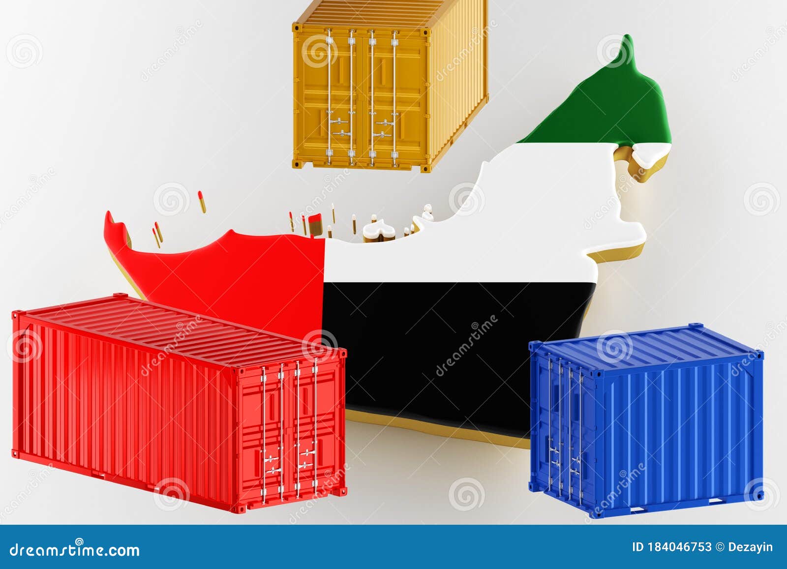 UAE Map Image with Flag. Freight Shipping in Containers. 3d Render ...
