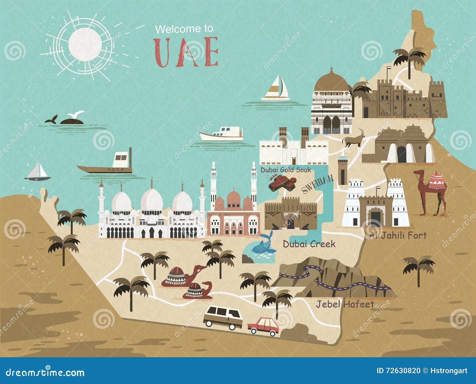 UAE travel concept map stock illustration. Illustration of style - 72630820