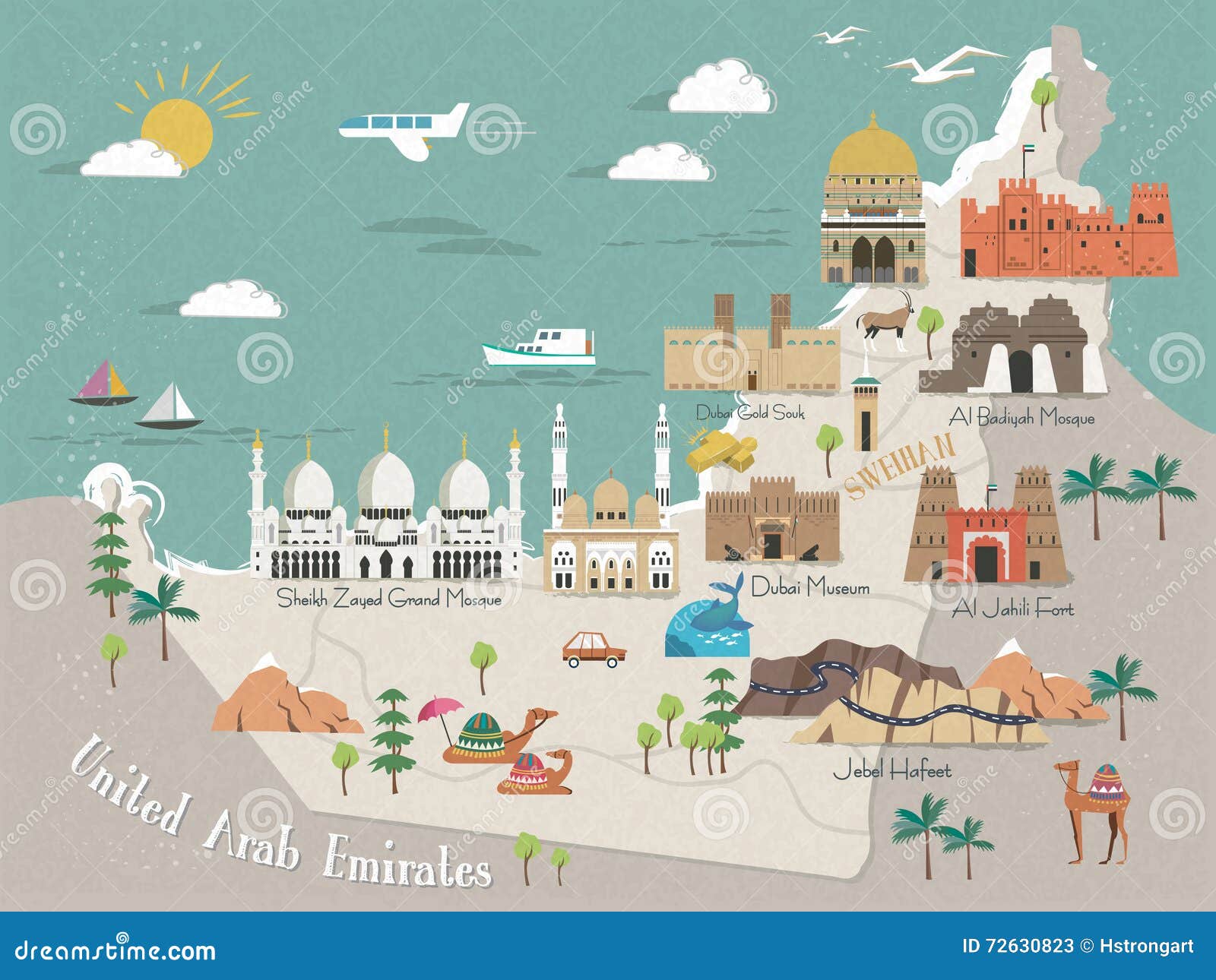 UAE travel concept map stock illustration. Illustration of style - 72630823