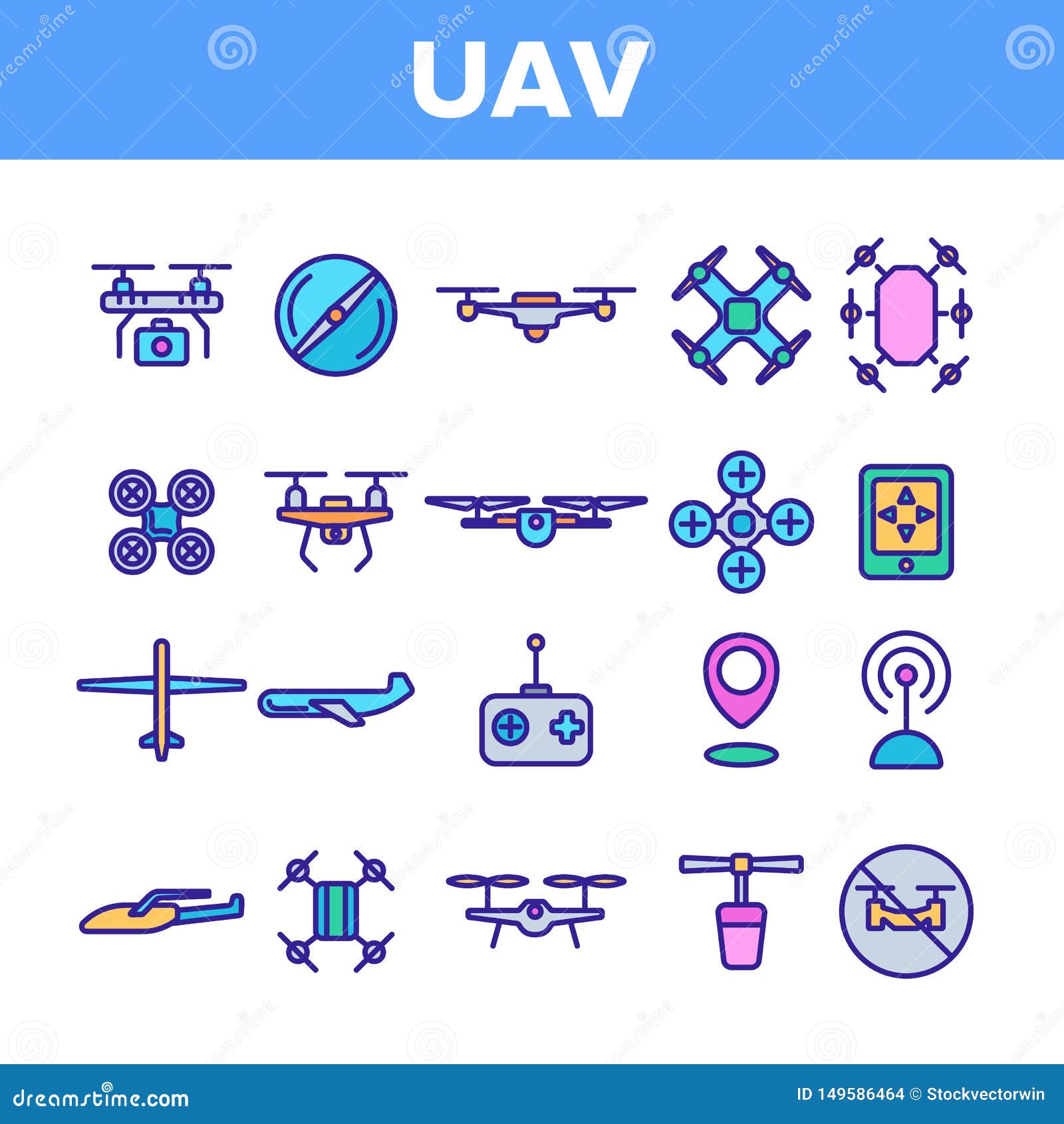 UAV, Remote Control Drones Vector Linear Icons Set Stock Vector ...