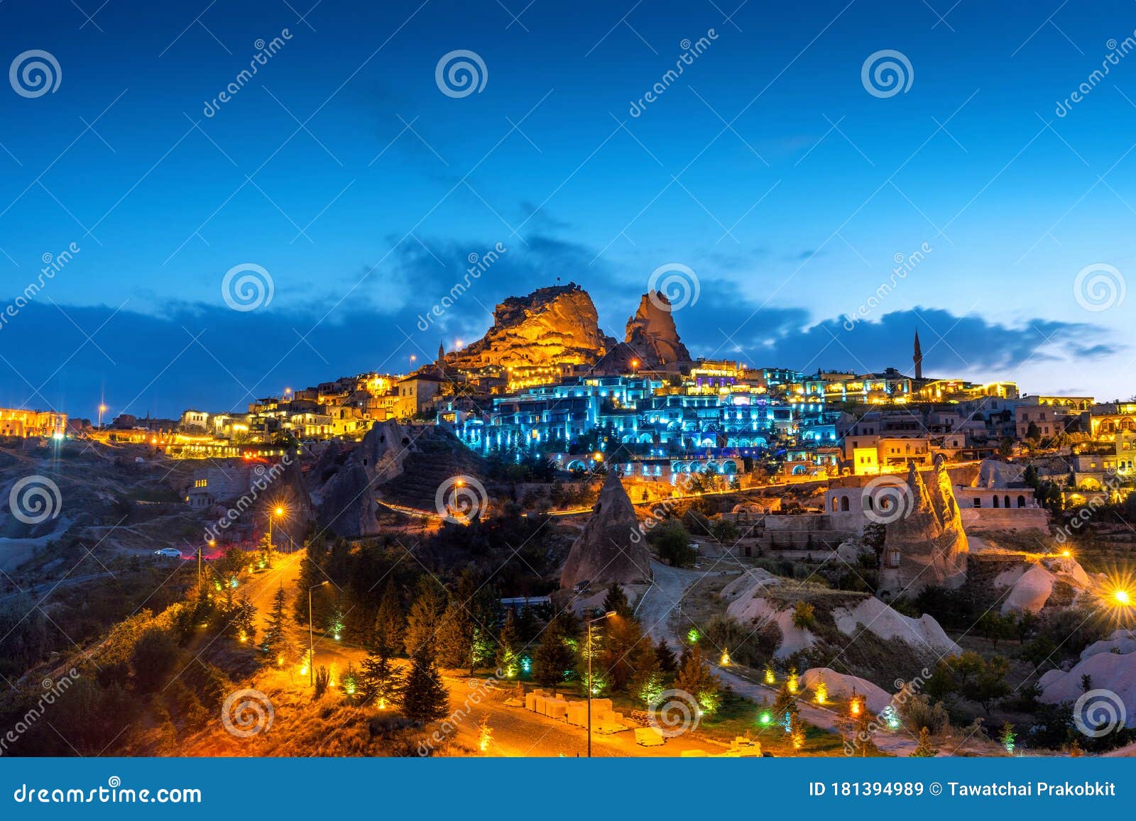 Uchisar Castle at Night in Cappadocia, Turkey. Stock Image - Image of ...