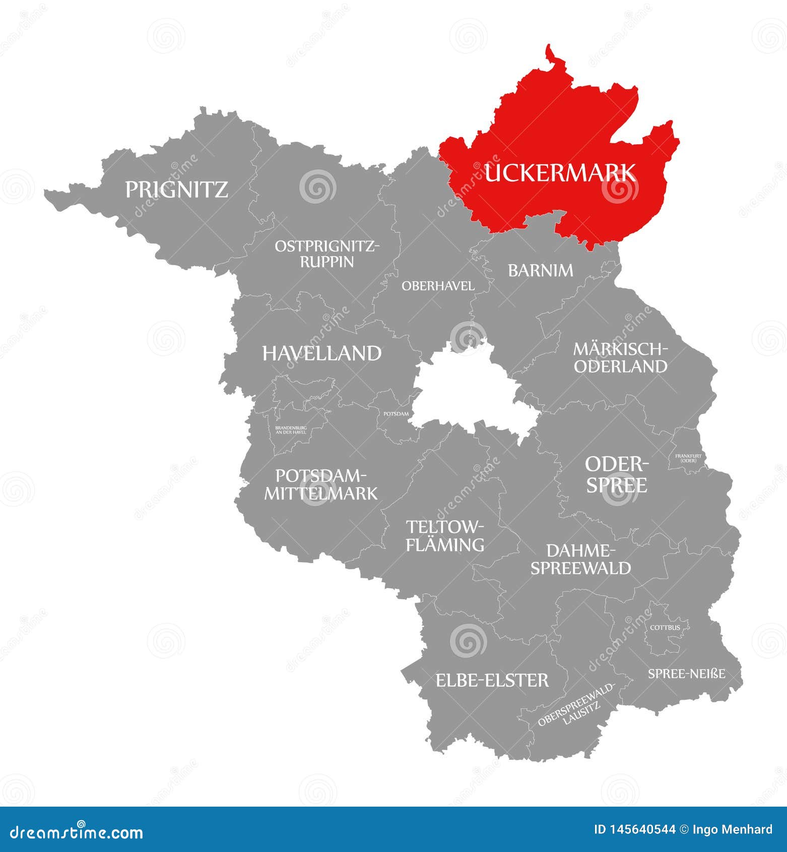 Uckermark County Red Highlighted in Map of Brandenburg Germany Stock ...