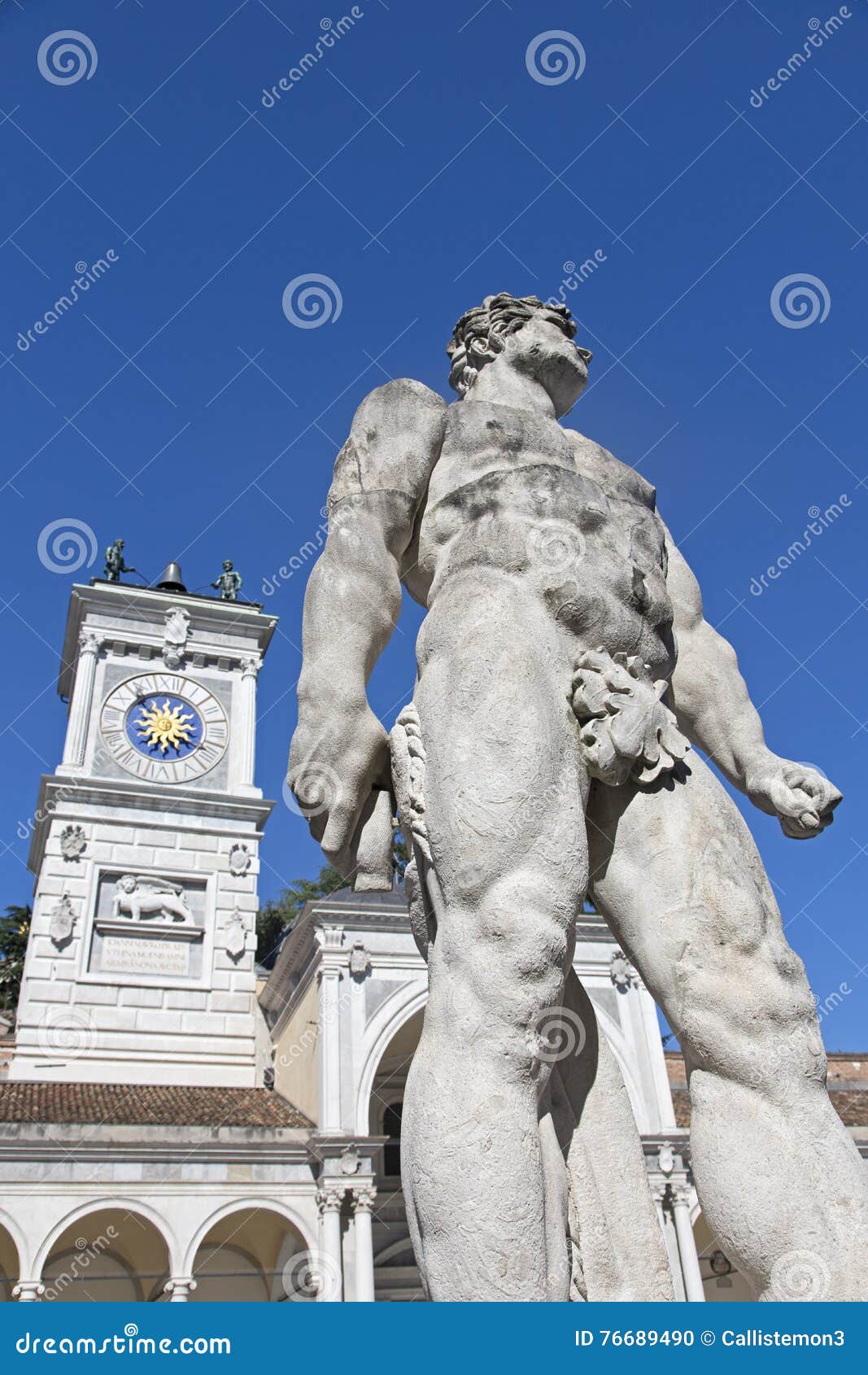 Udine, Statue of Hercules with Clock Tower Stock Photo - Image of white ...