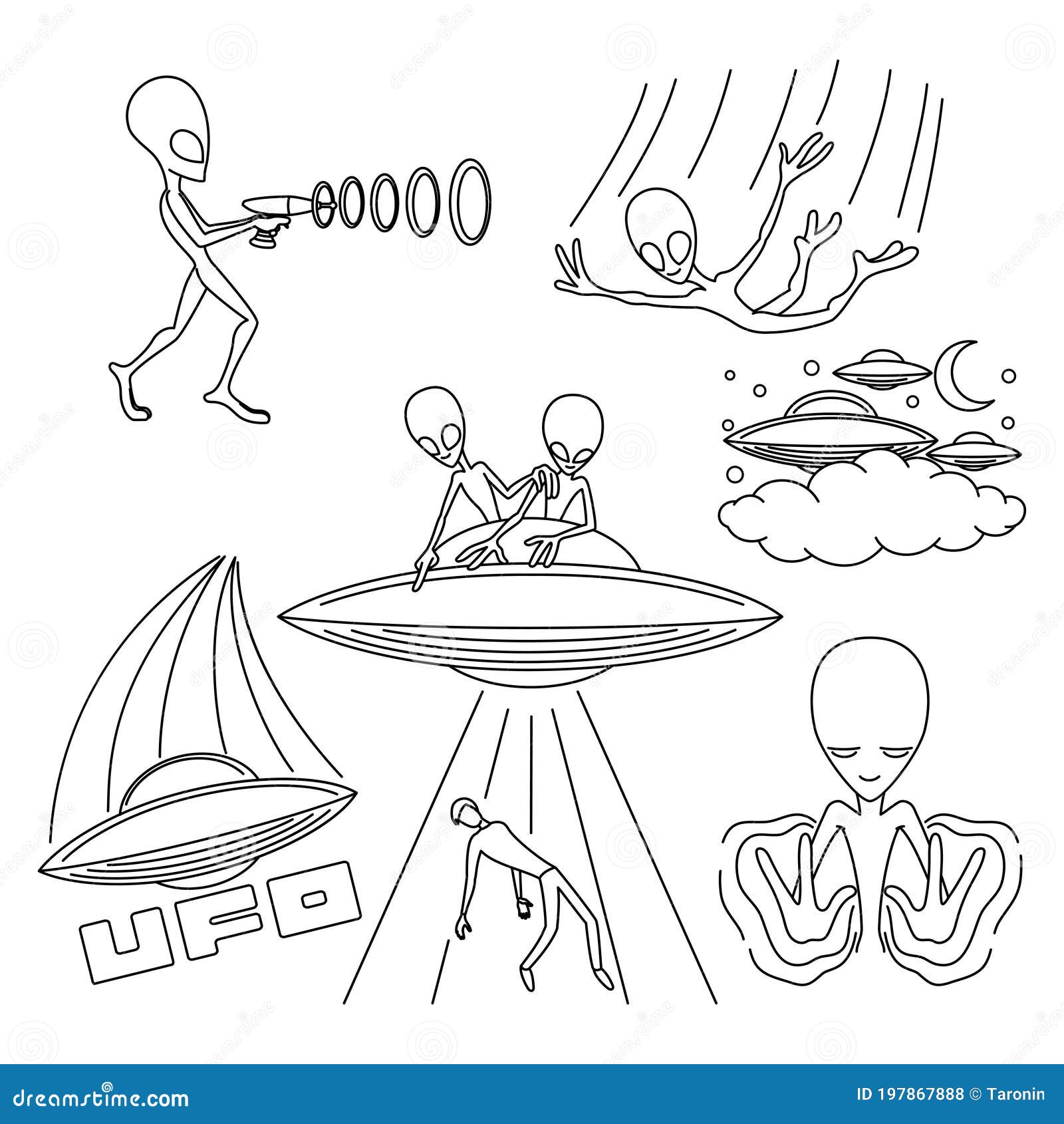 Set of Contour Illustrations with Extraterrestrial Aliens. Stock Vector ...
