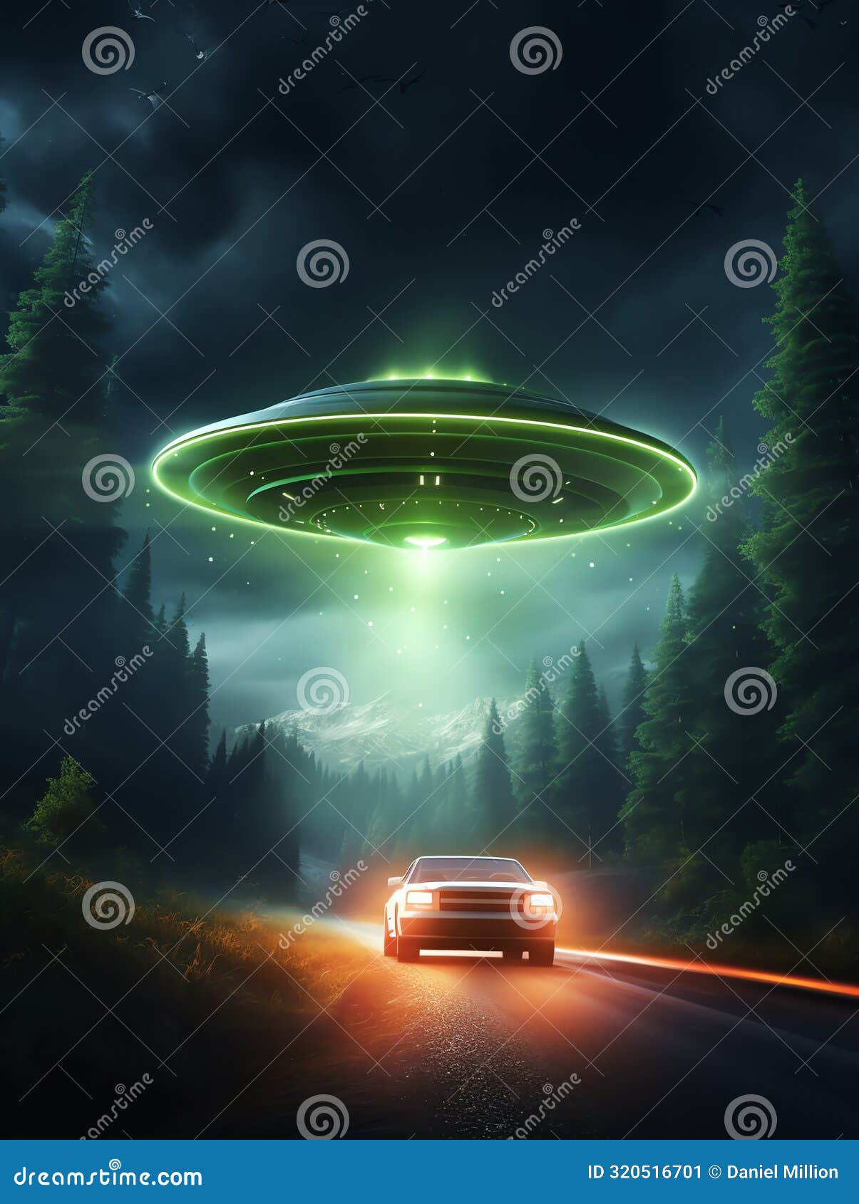 UFO Abducting A Car With A Beam Of Light Sci Fi Illustration For Poster ...