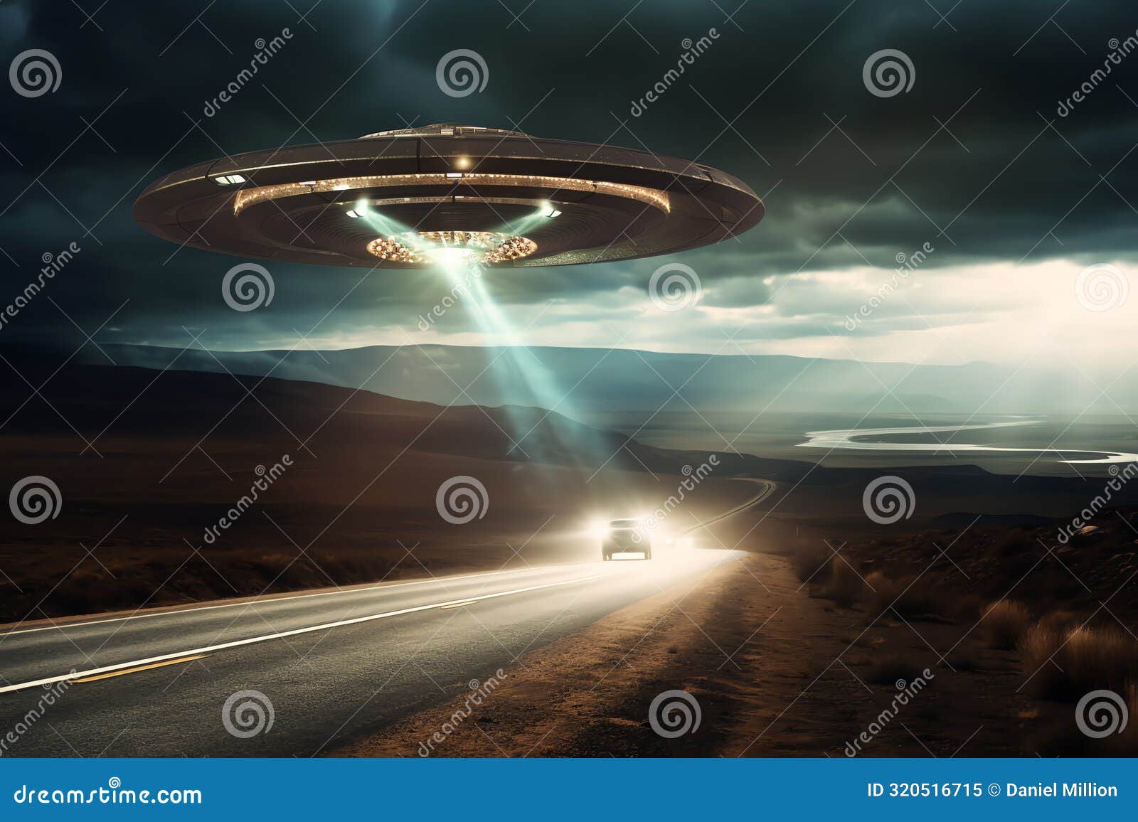 UFO Abducting A Car With A Beam Of Light Sci Fi Illustration For Poster ...