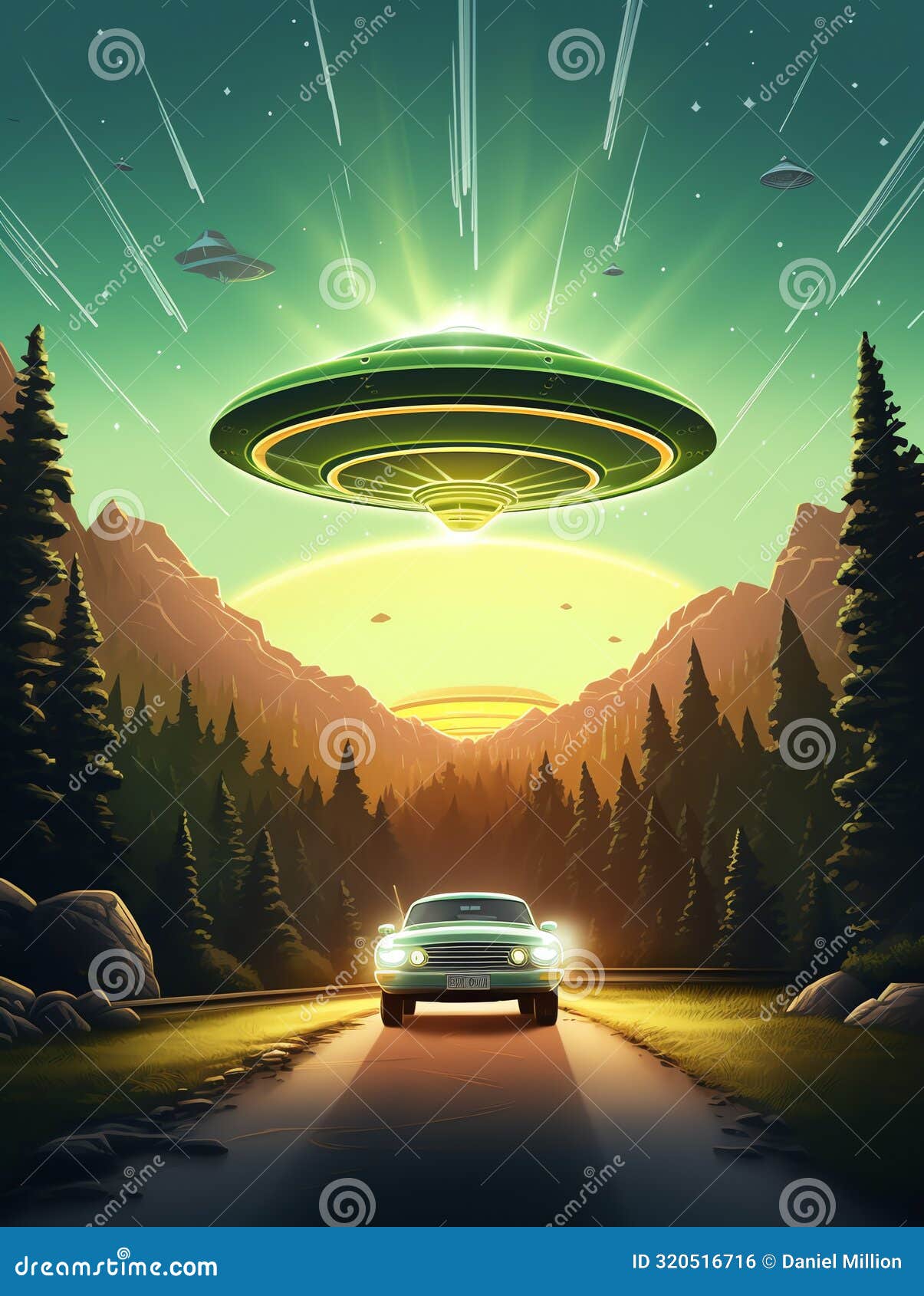 UFO Abducting A Car With A Beam Of Light Sci Fi Illustration For Poster ...