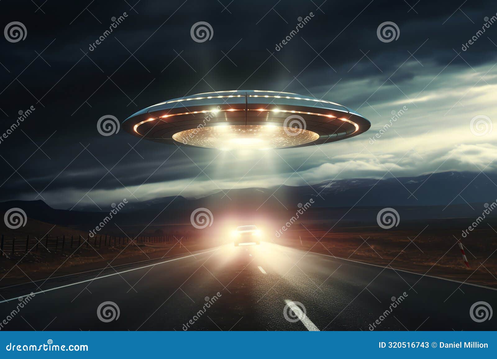 UFO Abducting A Car With A Beam Of Light Sci Fi Illustration For Poster ...